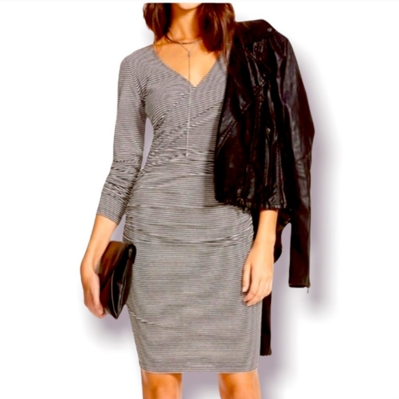 Leith | Dresses | Leith Wrap Ruched Bodycon Striped Dress Black White ...